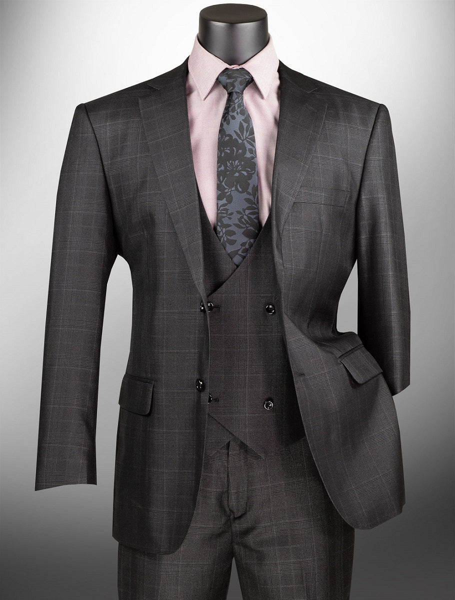 Men's Black Glen Plaid 3 Piece Suit Low Cut Vest V2RW-7