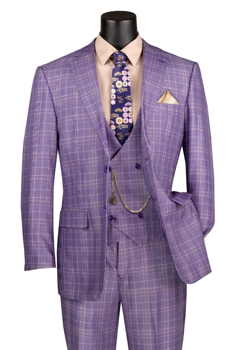 Men's Light Purple Plaid 3 Piece Suit Low Cut Vest V2RW-7